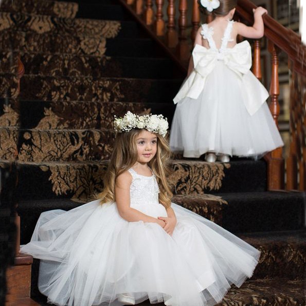 Princess White Long Flower Girl Dress With Ribbon On Luulla